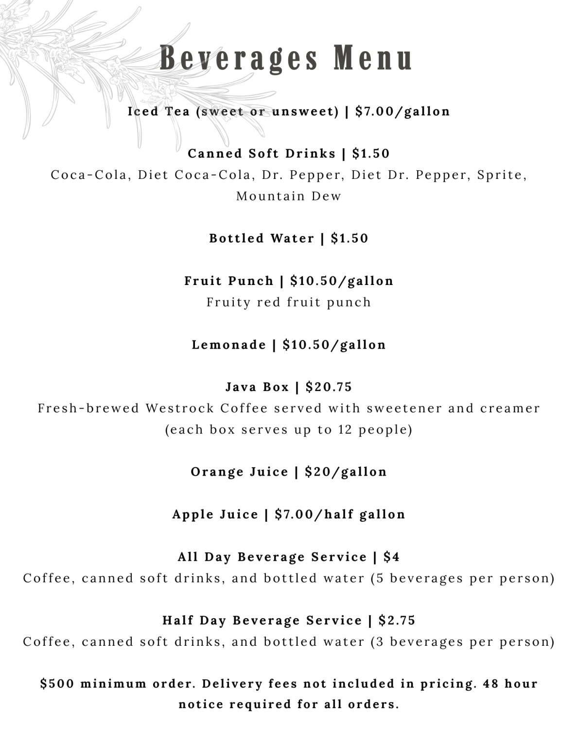 Beverages Menu | Dinner's Ready Catering